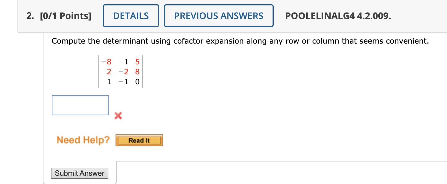 Solved Compute the determinant using cofactor expansion | Chegg.com