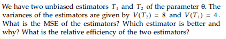 Solved We have two unbiased estimators T1 and T2 of the | Chegg.com