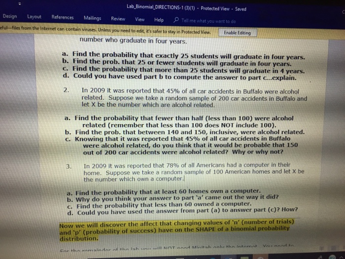Solved Lab_Binomial DIRECTIONS-1 3)(1)-Protected View-Saved | Chegg.com