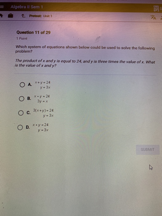 Solved Algebra II Sem 1 t Pretest Unit 1 Question 11 of 29 1 | Chegg.com