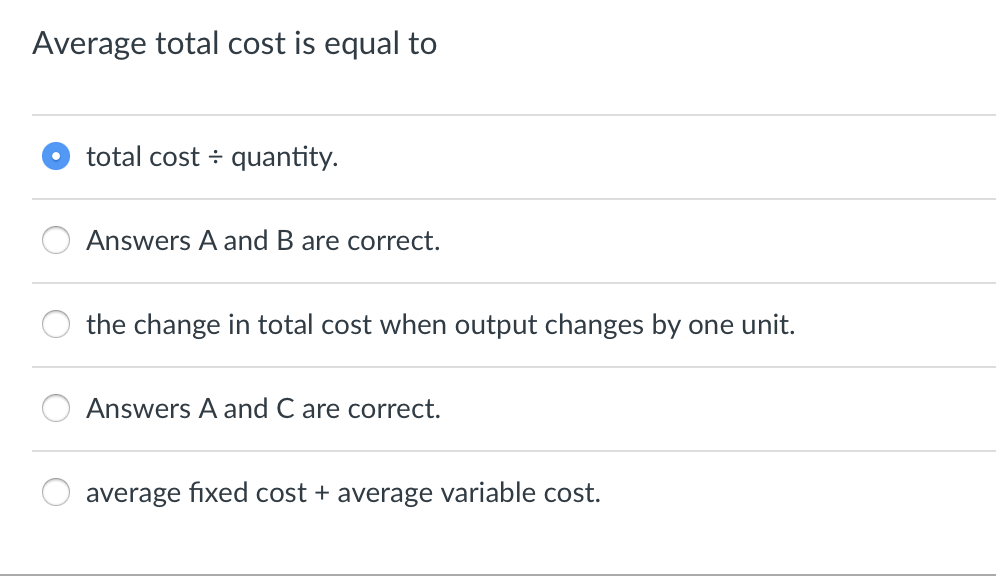 Solved Average Total Cost Is Equal To Total Cost Quantity Chegg