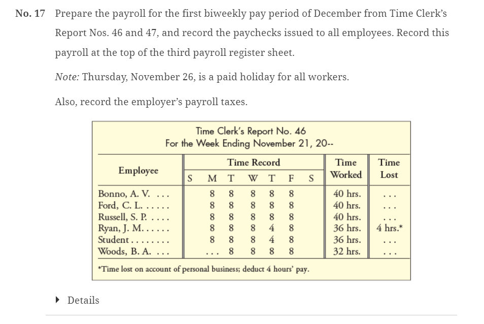 Solved No. 17 Prepare the payroll for the first biweekly pay | Chegg.com