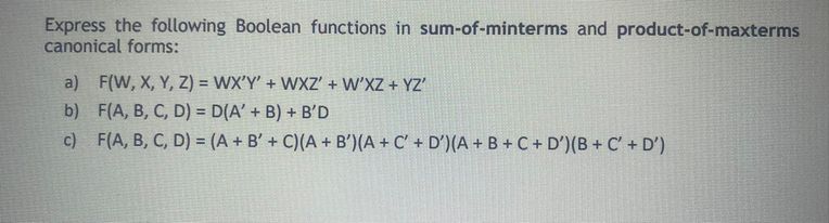 Solved Express the following Boolean functions in | Chegg.com