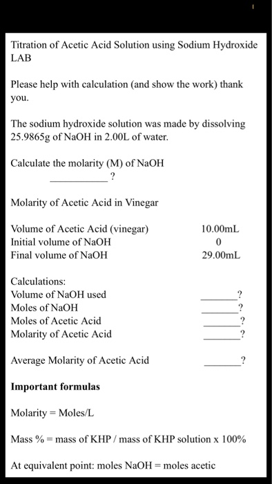 Solved Titration of Acetic Acid Solution using Sodium | Chegg.com