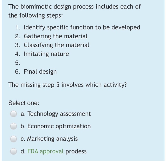 Solved The biomimetic design process includes each of the | Chegg.com