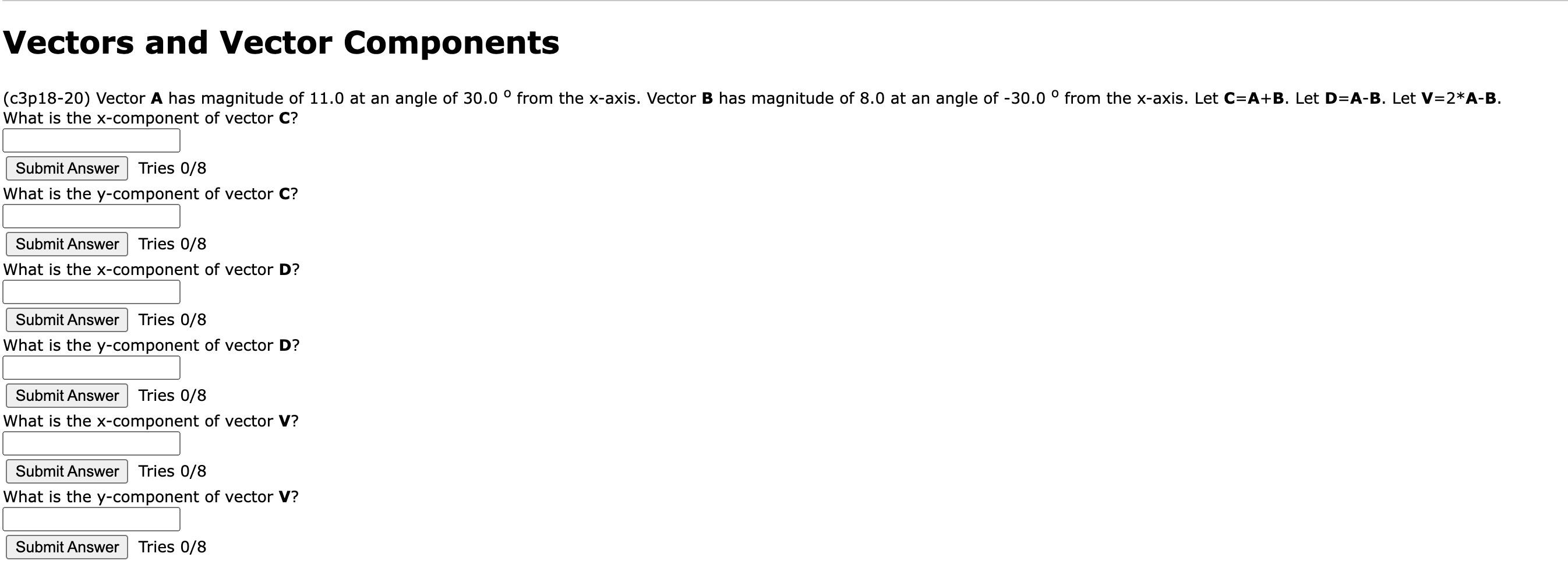 Solved Vectors and Vector Components (c3p18-20) Vector A has | Chegg.com