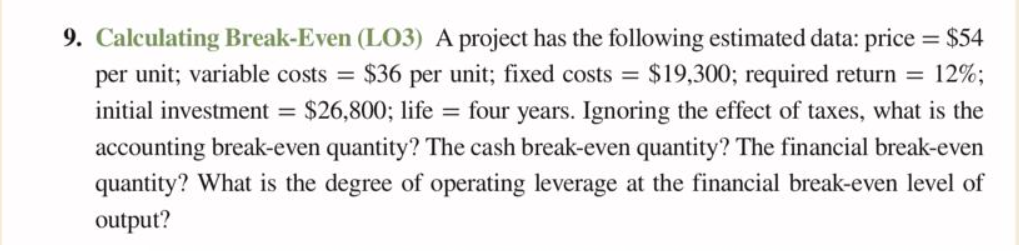 Solved 9. Calculating Break-Even (LO3) A project has the | Chegg.com