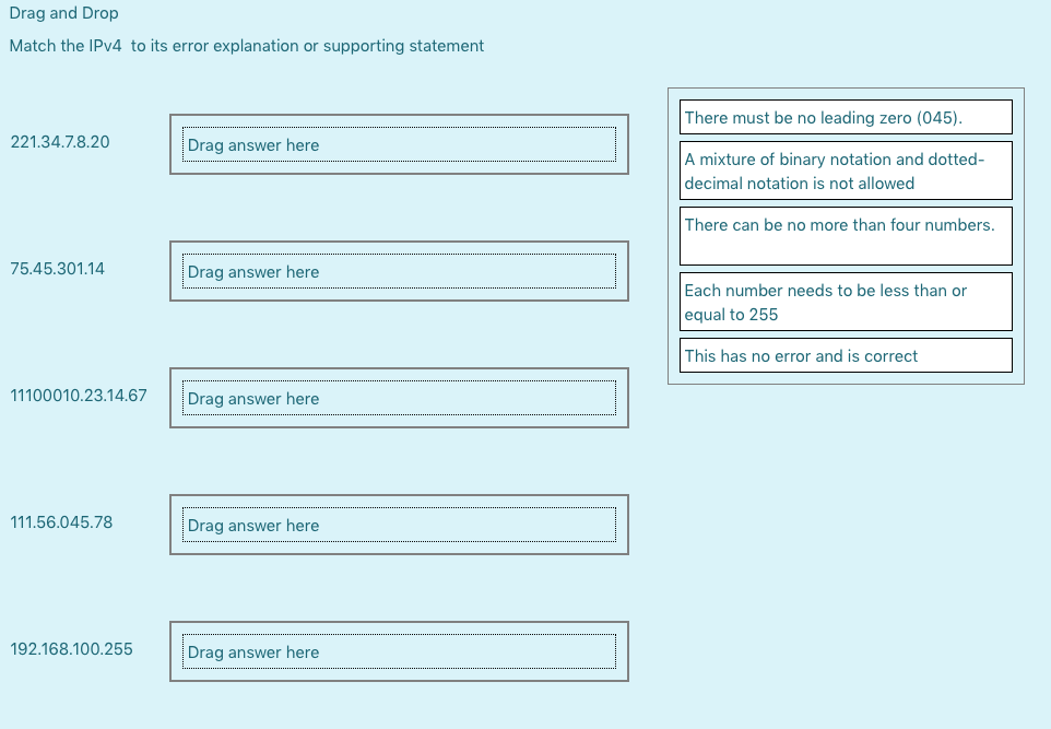 Solved Drag And Drop Match The Ipv4 To Its Error Explanation