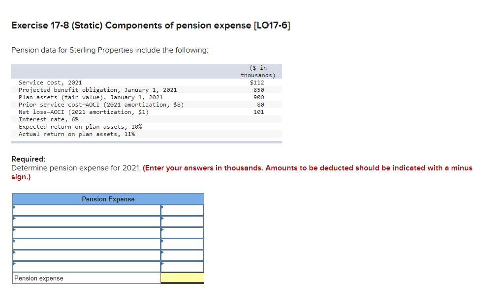 Solved Exercise 17-8 (Static) Components of pension expense | Chegg.com