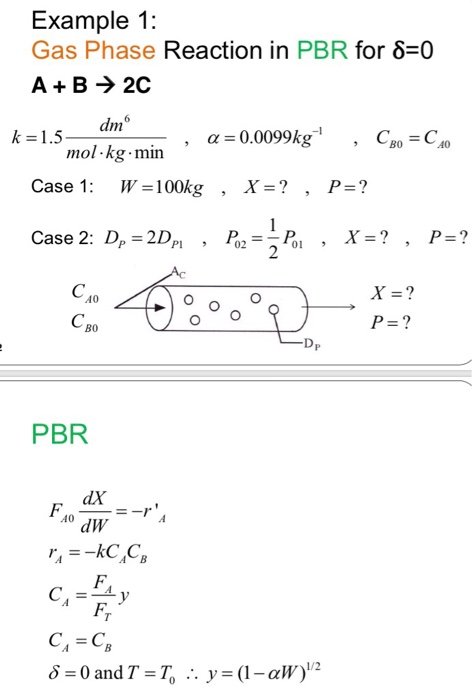 Example 1: Gas Phase Reaction in PBR for δ-0 A +B 2C | Chegg.com