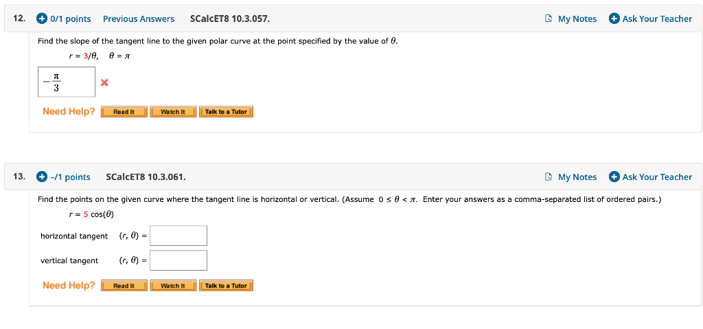 Solved 12. 0/1 points Previous Answers CalcET8 10.3.057. My | Chegg.com