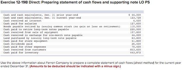 Solved Exercise 12-19B Direct: Preparing statement of cash | Chegg.com