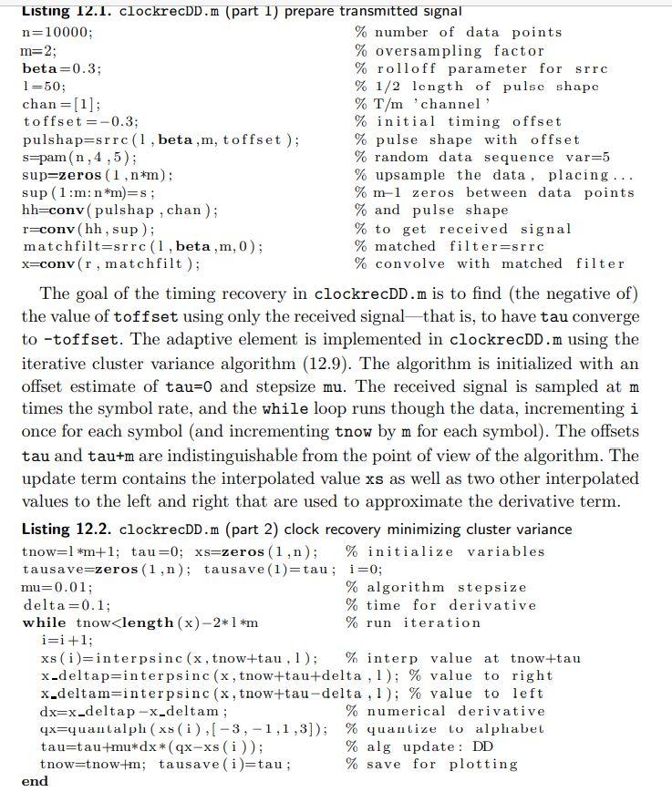 Exercise 12.1. Use clockrecDD.m to “play with” the | Chegg.com
