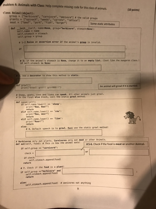 Solved Problem 4: Animals with Class: Help complete missing | Chegg.com