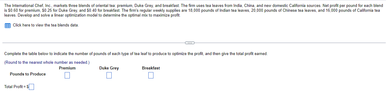 Solved leaves. Develop and solve a linear optimization model | Chegg.com