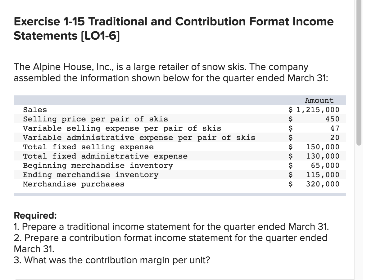 Solved Exercise 1-15 Traditional and Contribution Format | Chegg.com