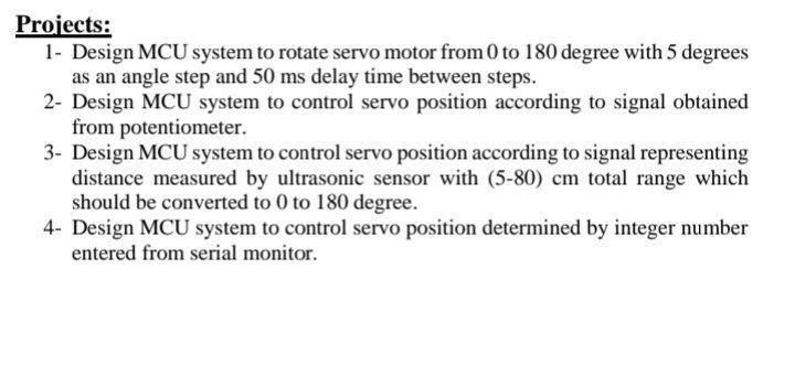 Solved Projects: 1- Design MCU system to rotate servo motor | Chegg.com