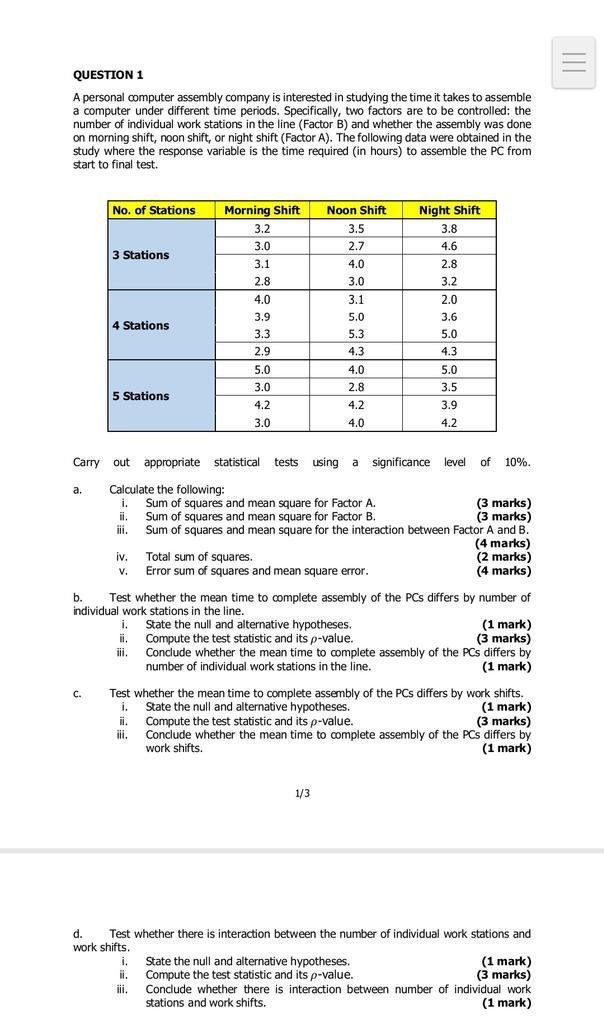 Solved QUESTION 1 A personal computer assembly company is | Chegg.com