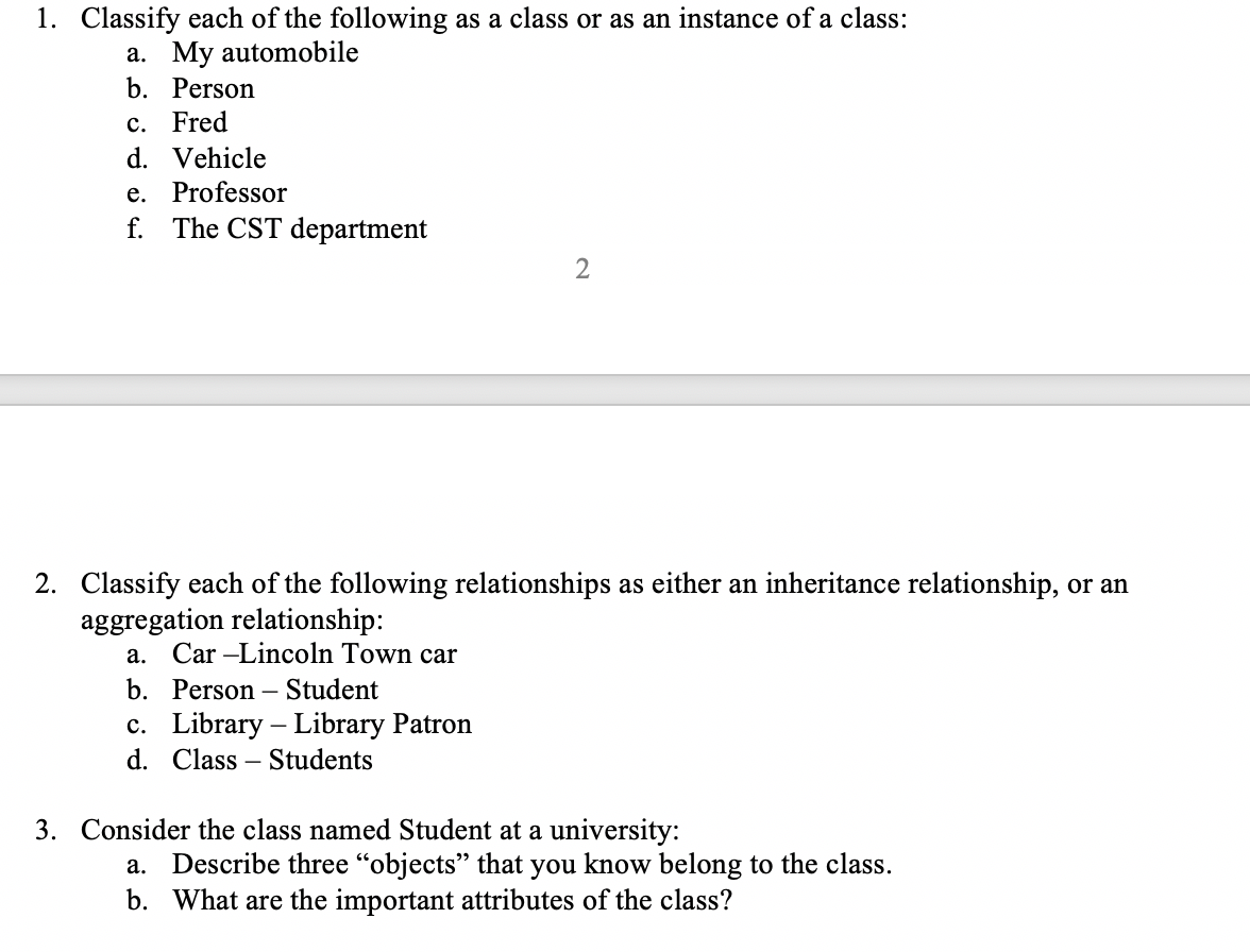 Solved 1. Classify each of the following as a class or as an | Chegg.com