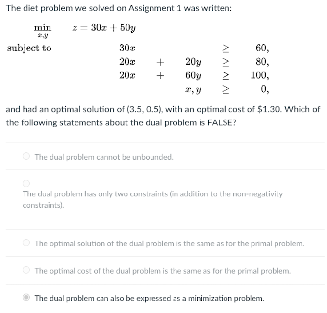 Solved The diet problem we solved on Assignment 1 was | Chegg.com
