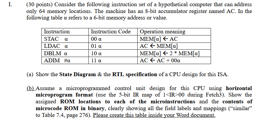I. (30 points) Consider the following instruction set | Chegg.com