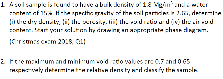 Solved 1. A soil sample is found to have a bulk density of | Chegg.com