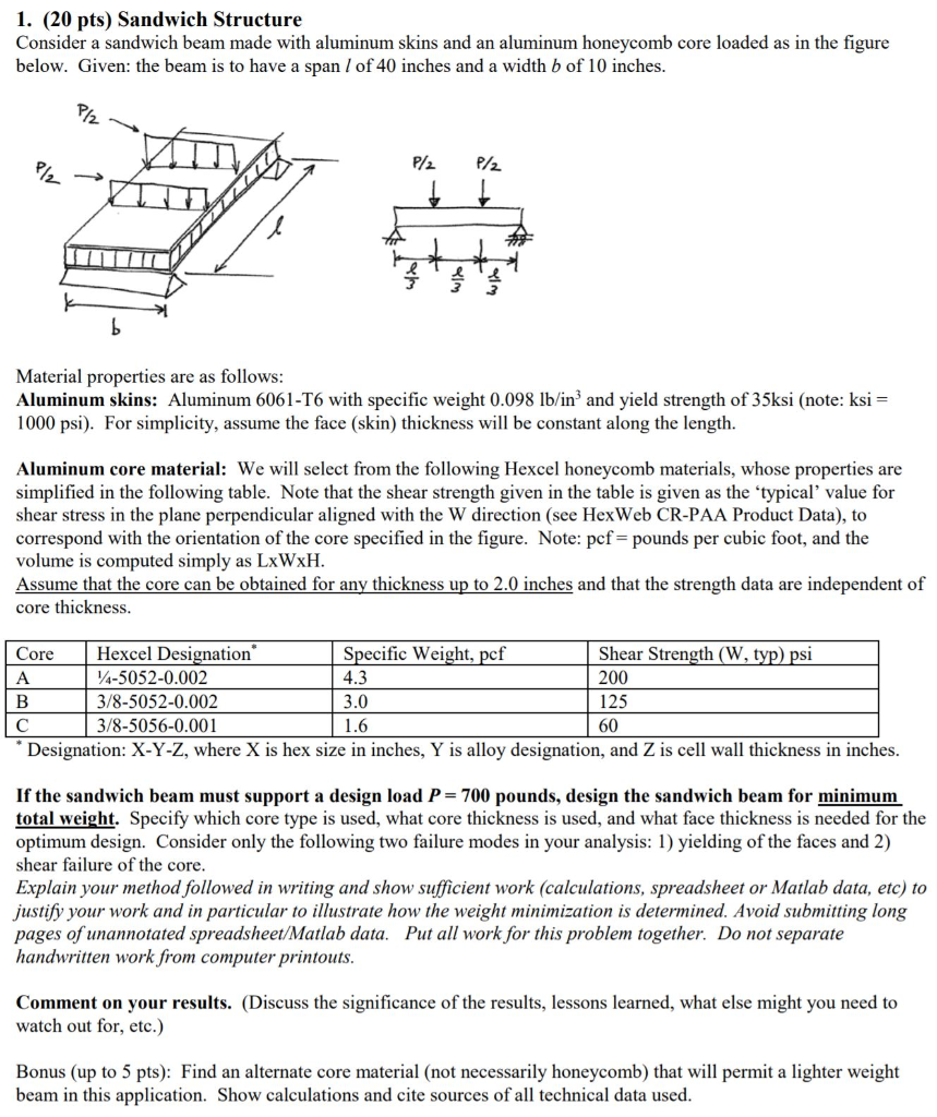 1. (20 pts) Sandwich Structure Consider a sandwich | Chegg.com