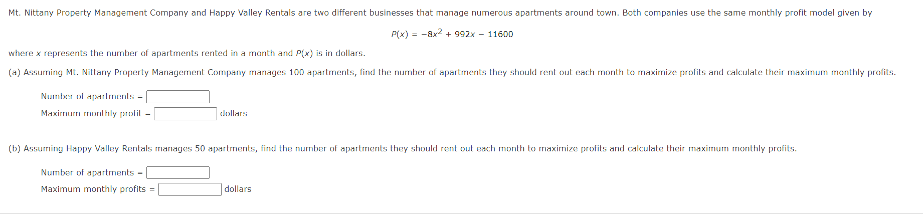Solved P(x)=−8x2+992x−11600 where x represents the number of | Chegg.com