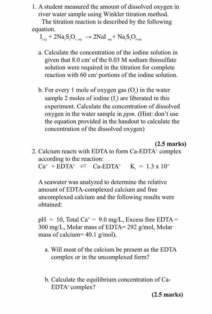Solved 1. A student measured the amount of dissolved oxygen | Chegg.com