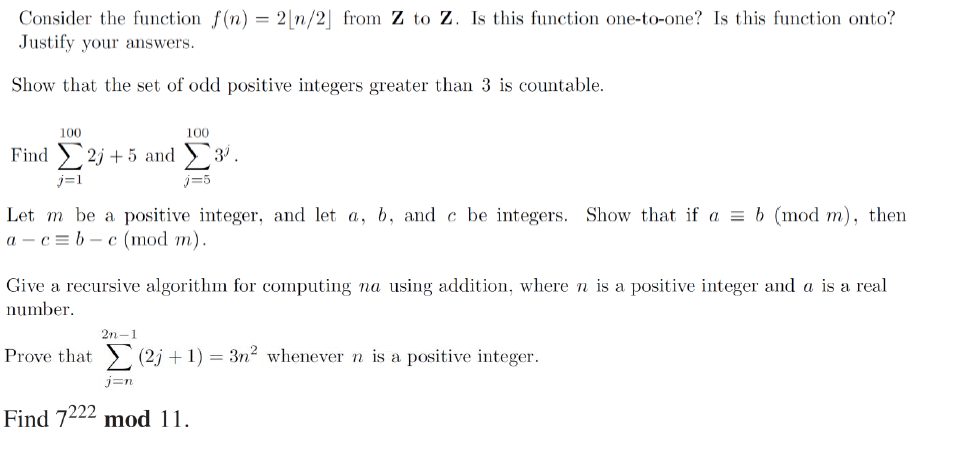 Solved Consider the function f(n) = 2/n/2] from Z to Z. Is | Chegg.com