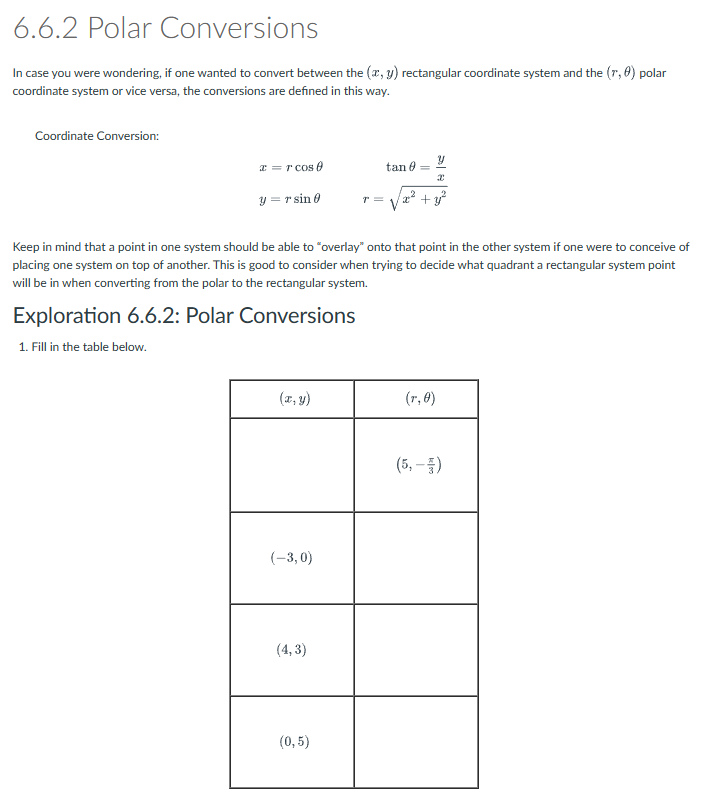 Solved In Exploration 6.6.2: Polar Conversions, you worked | Chegg.com