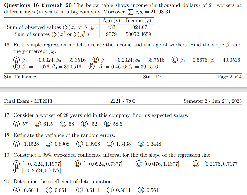 Solved Questions 16 ﻿through 20 ﻿The below table shows | Chegg.com