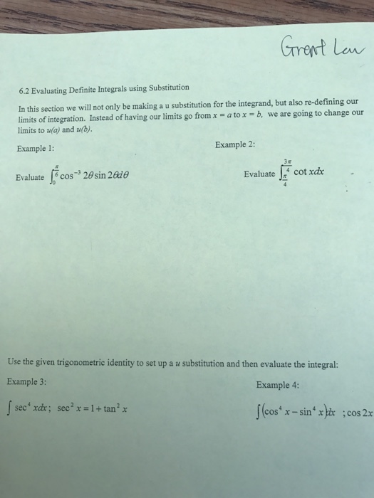 Solved 6.2 Evaluating Definite Integrals using Substitution | Chegg.com