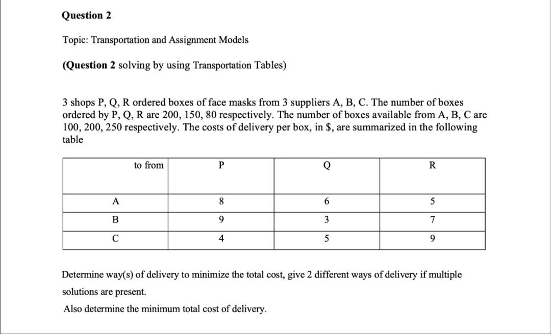 Solved Question 2 Topic: Transportation and Assignment | Chegg.com