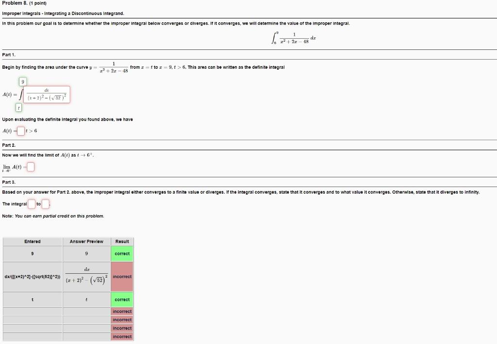 Solved Problem 8. (1 point) Improper Integrals - Integrating | Chegg.com