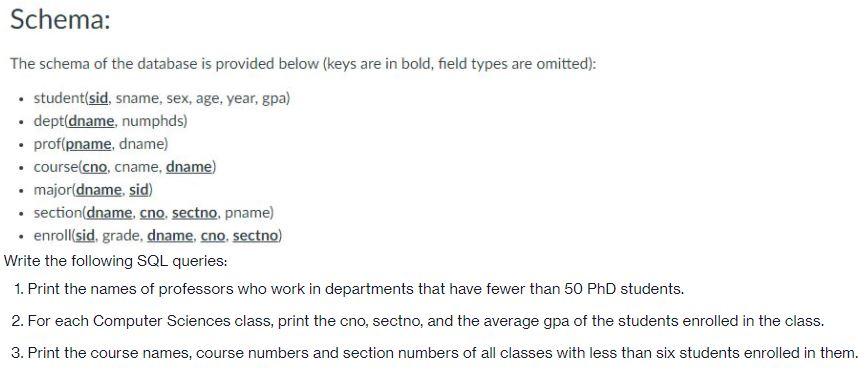 Solved Schema: : The schema of the database is provided | Chegg.com