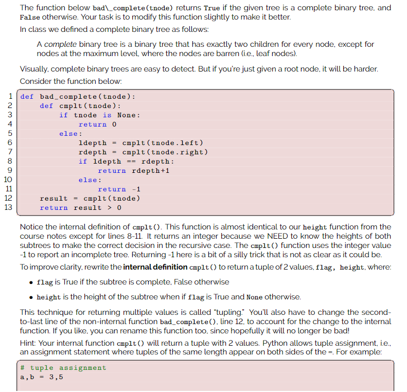 Solved The function below bad\_complete(tnode) returns True | Chegg.com