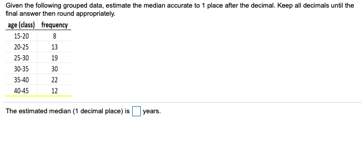 Solved Given the following grouped data, estimate the median | Chegg.com