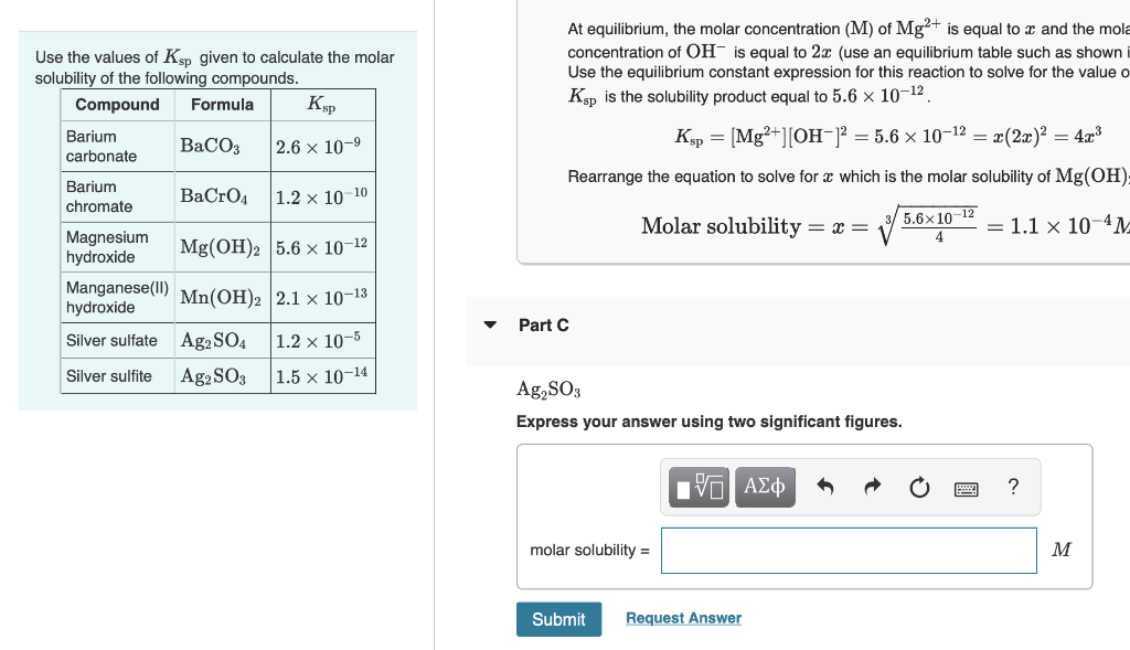 Solved Use the values of Ksp given to calculate the molar | Chegg.com