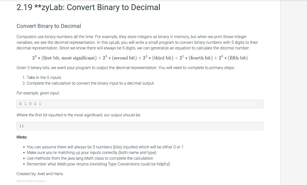 Solved 2.19 **zyLab: Convert Binary to Decimal Convert | Chegg.com