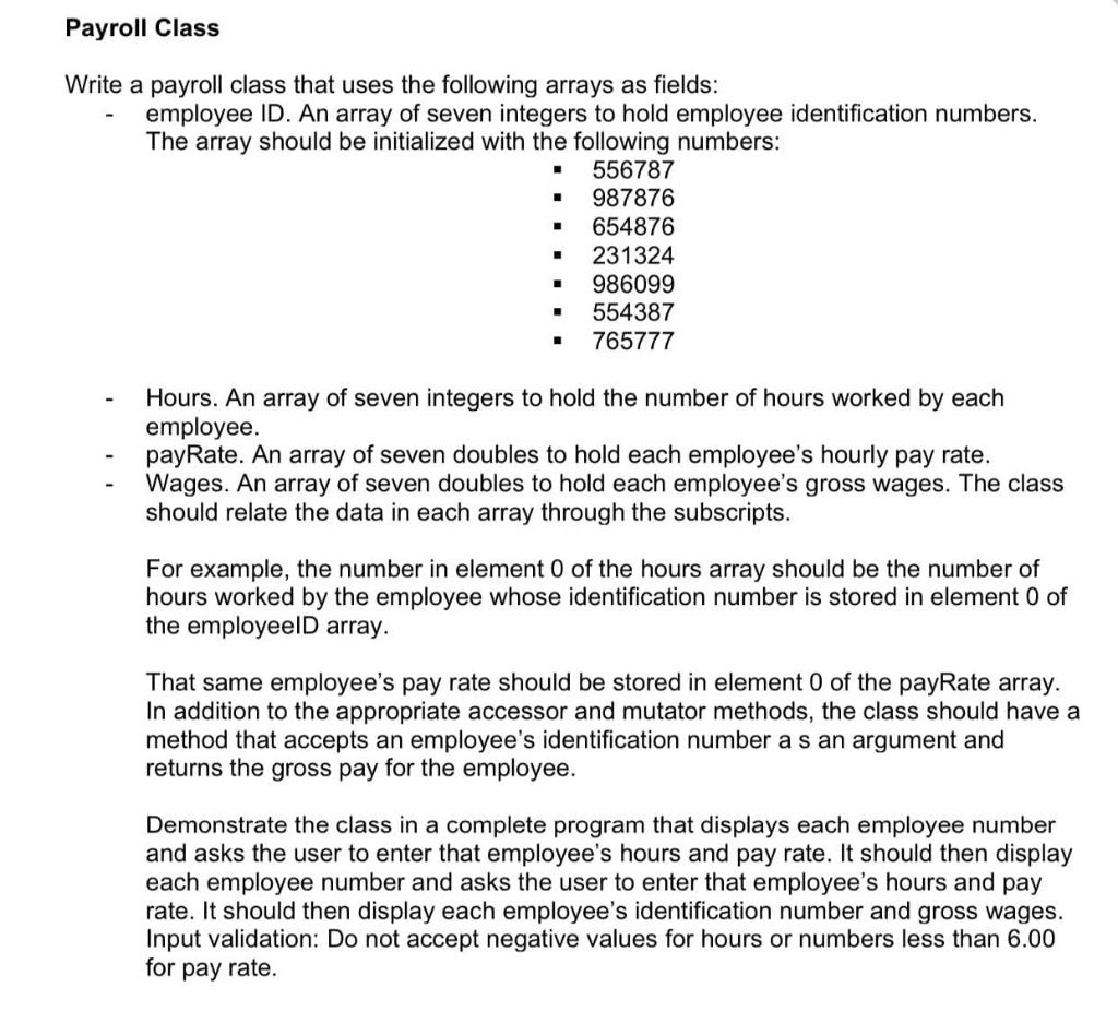 Solved Payroll Class . Write a payroll class that uses the | Chegg.com
