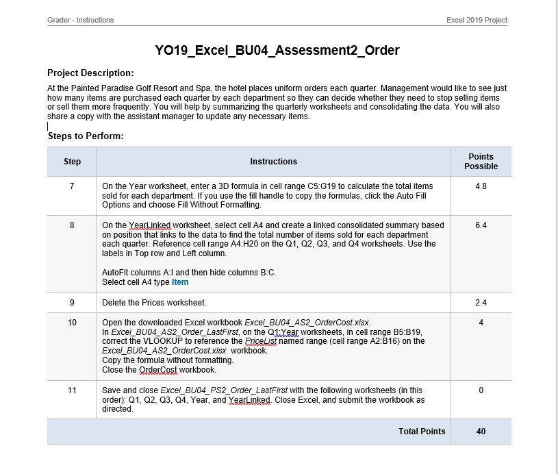 Grader - Instructions Excel 2019 Project | Chegg.com