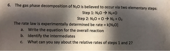 Solved 6. The gas phase decomposition of N20 is believed to | Chegg.com