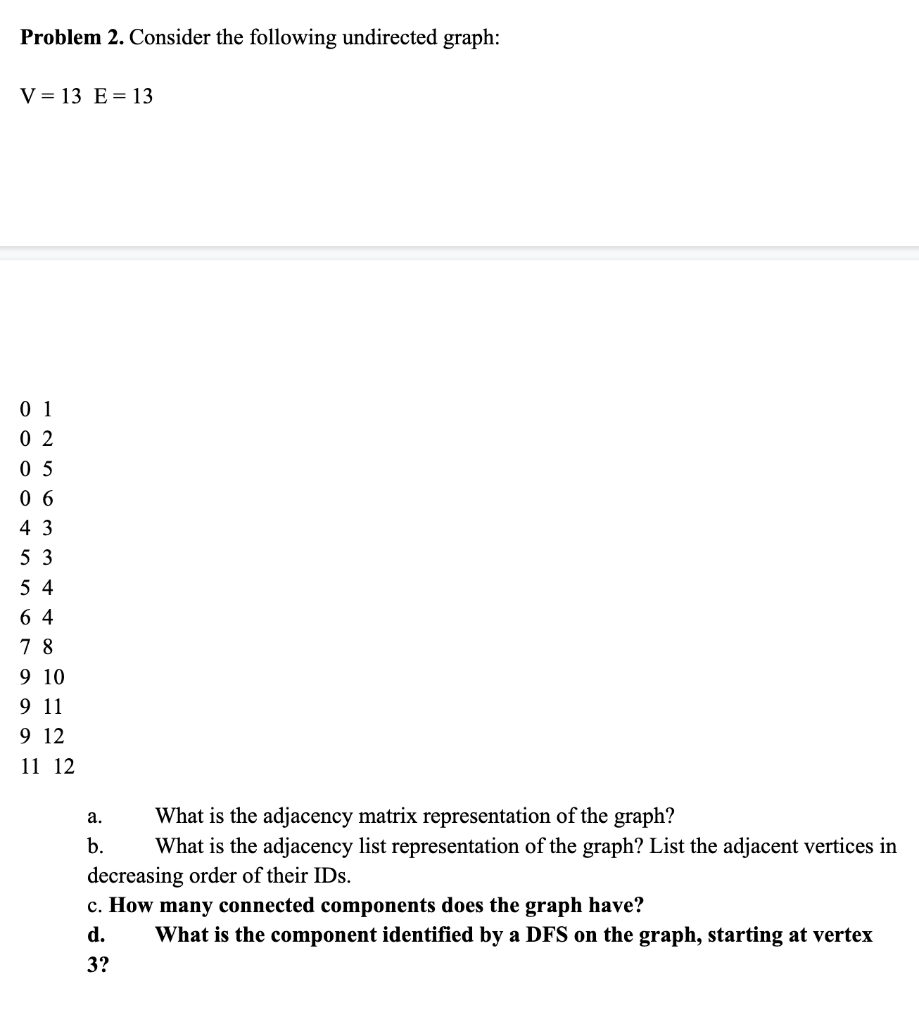 Solved Problem 2. Consider the following undirected graph: V | Chegg.com