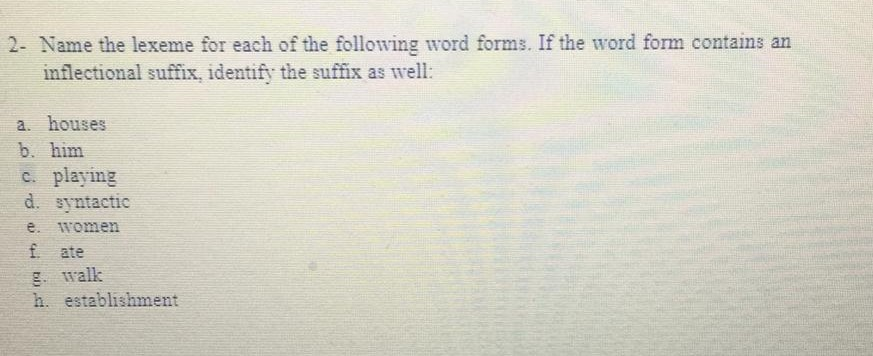 2- Name the lexeme for each of the following word | Chegg.com