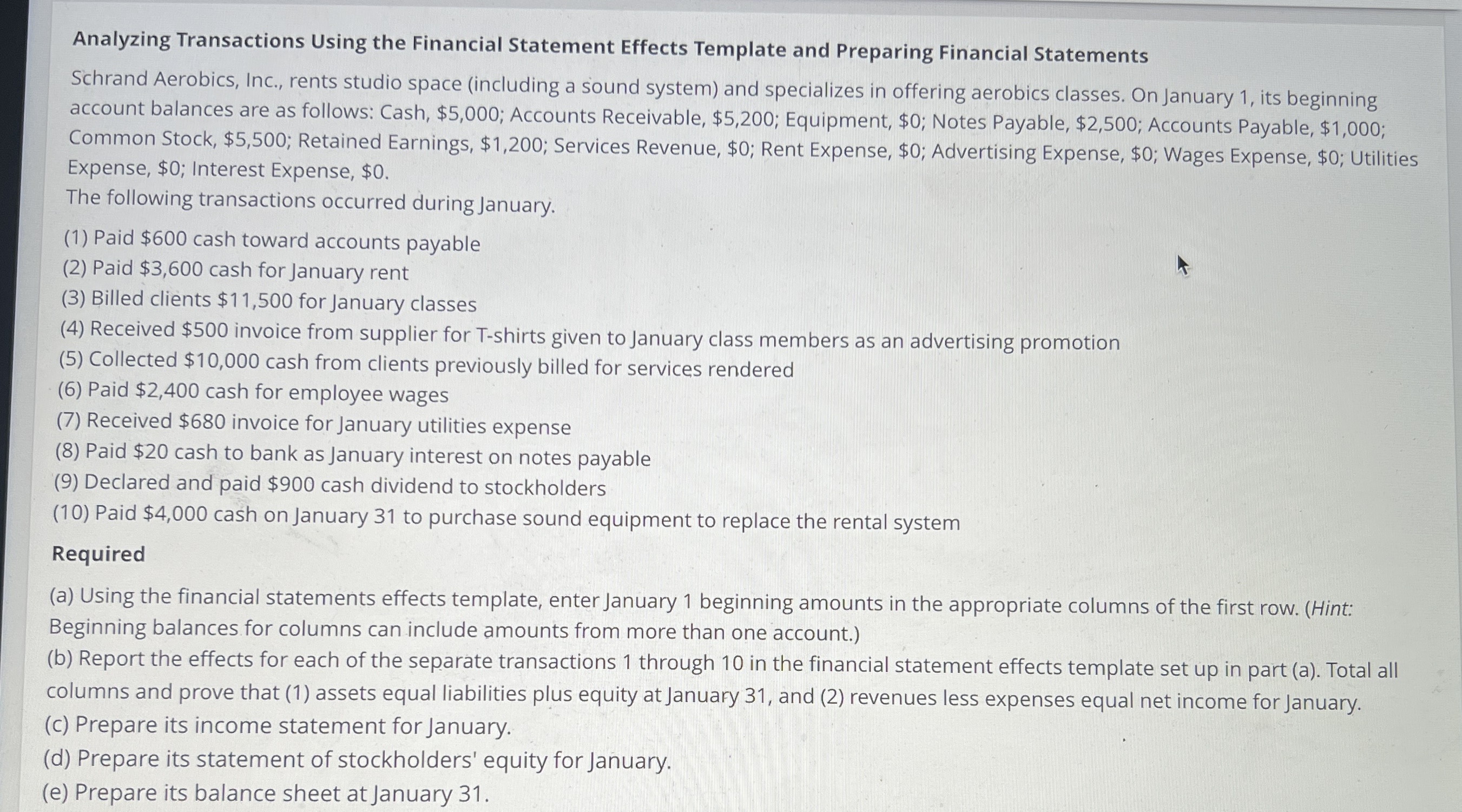 Solved Analyzing Transactions Using the Financial Statement | Chegg.com