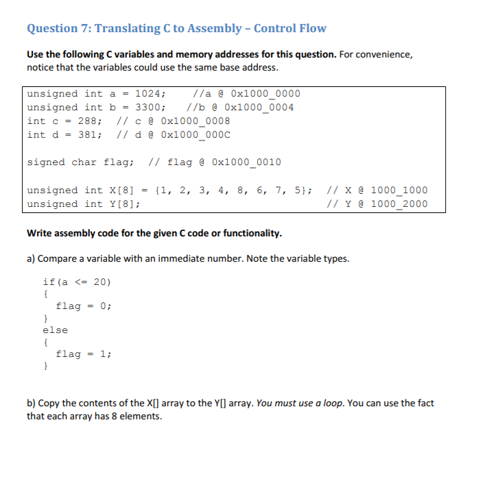 Solved Question 7: Translating C to Assembly -Control Flow | Chegg.com