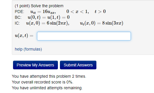 Solved PDE: utt=16uxx,00 BC:u(0,t)=u(1,t)=0 IC: | Chegg.com