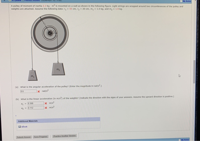 Solved A pulley of moment of inertia 2.3 kg·m2 is mounted on | Chegg.com