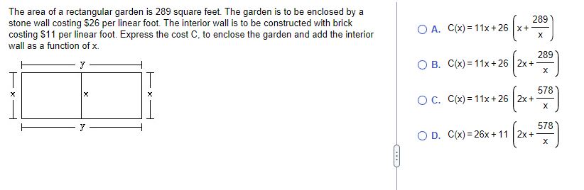 Solved The area of a rectangular garden is 289 square feet. | Chegg.com